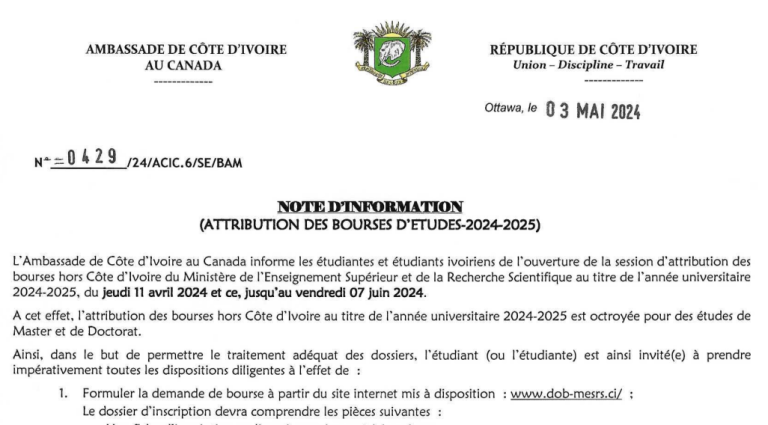 NOTE D'INFORMATION ATTRIBUTION DES BOURSES D'ETUDES 2024-2025 - Université Félix Houphouët-Boigny